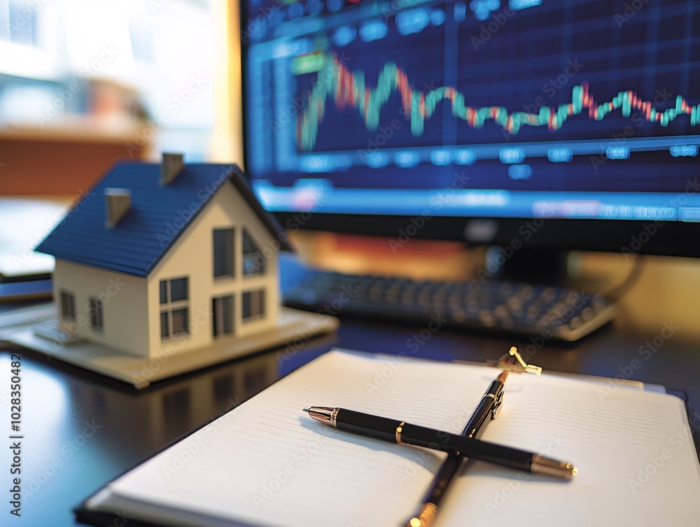 2408 38.A financial workspace with a model house, an open notebook, and ...