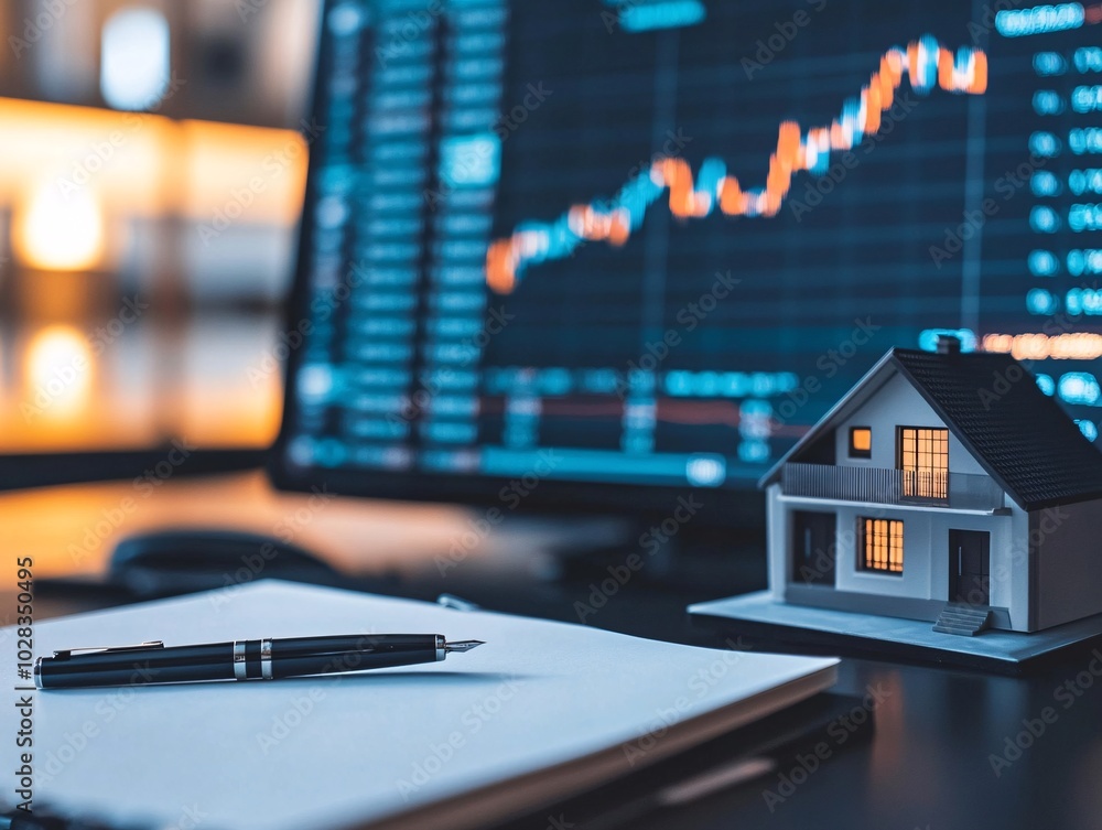 2408 38.A financial workspace with a model house, an open notebook, and ...