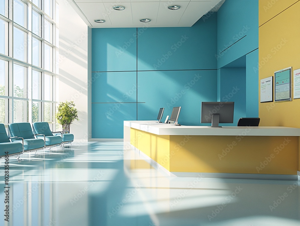 2408 58.A 3D-rendered hospital reception area with a modern design ...
