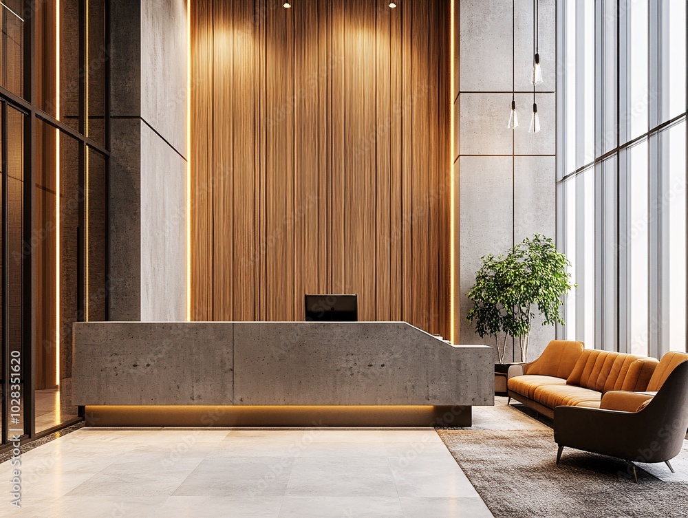 2408 74.A modern reception room with a concrete desk, wooden paneling ...