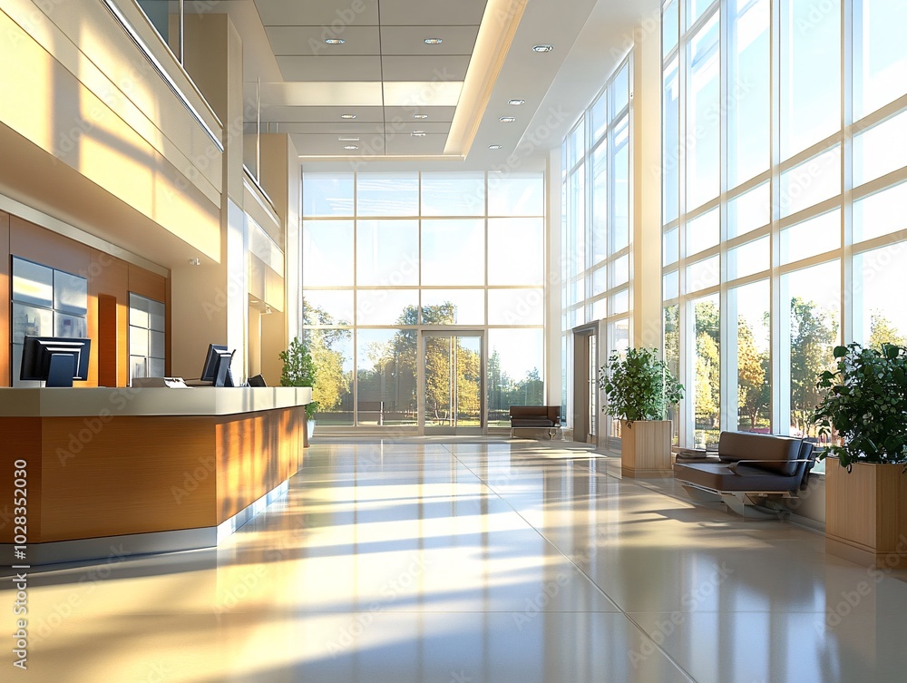 2408 70.A quiet hospital reception hall during the day, with natural ...