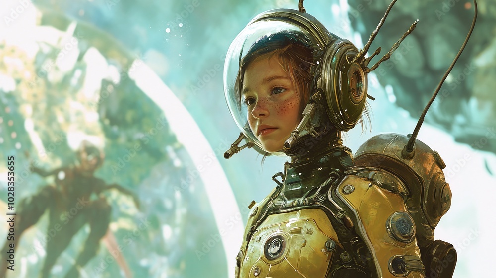 A girl in a space alien costume, with metallic accents and antennas ...