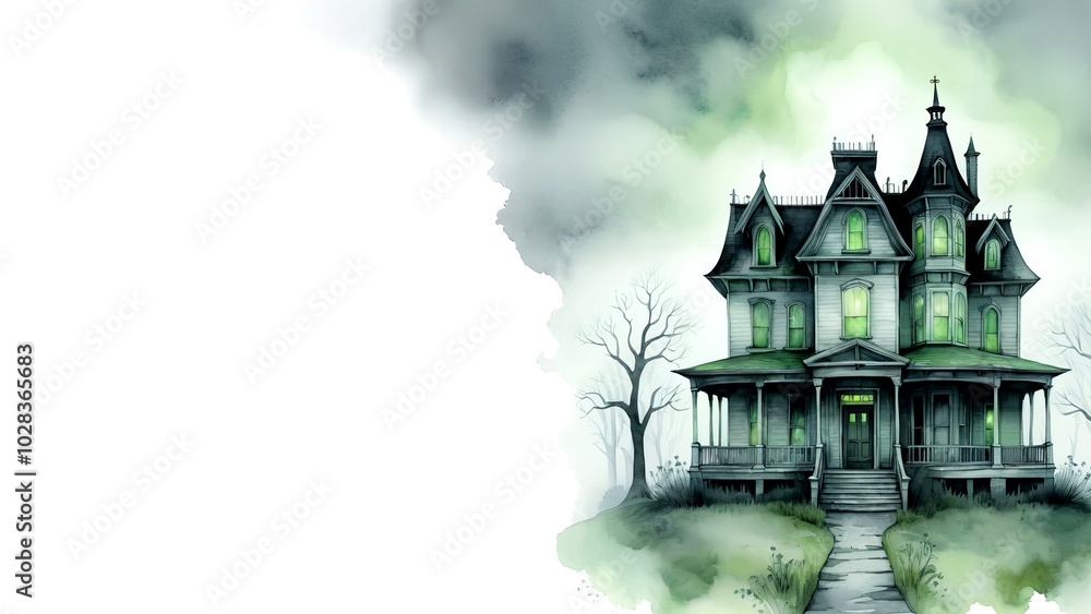 Haunted Mansion Mystery: A spooky watercolor painting of a haunted ...