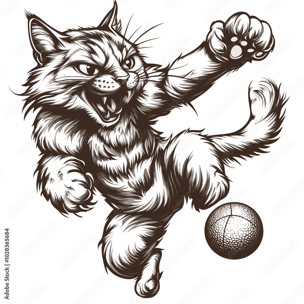 Ferocious cat mid-attack on a ball, depicted in a bold, energetic black ...