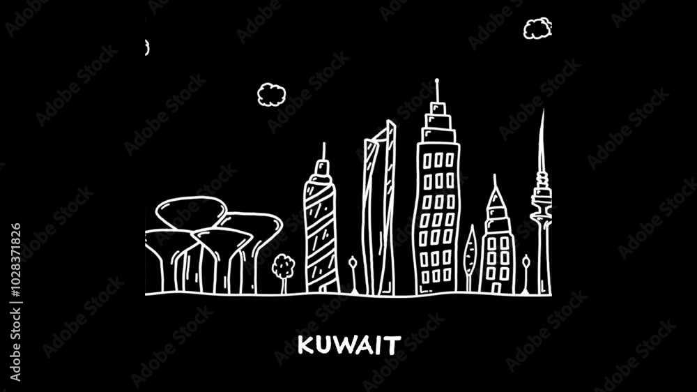 Animated hand drawn Kuwait city scribble with black png background ...