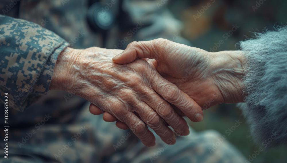 A soldier in military fatigues holds the hand of an elderly person at ...