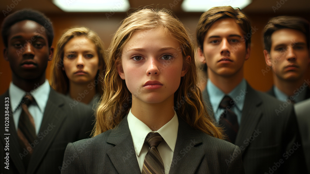 young group of job applicants front facing standing side by side in a ...