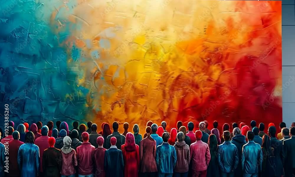 A diverse group of people stands captivated, gazing at a stunning mural ...