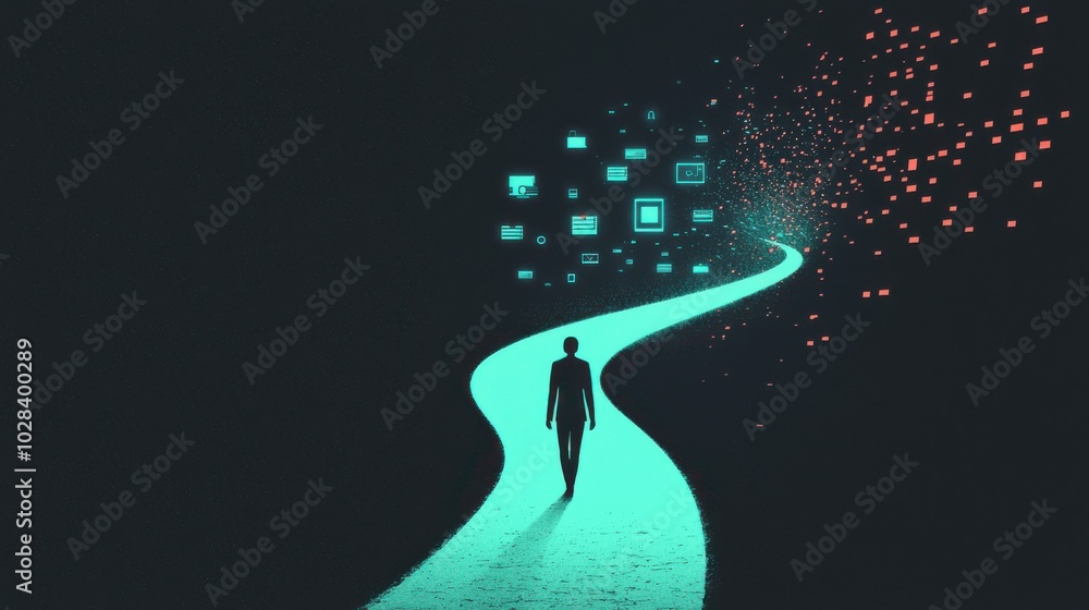 A figure walking along a digital pathway, with icons of different tools ...