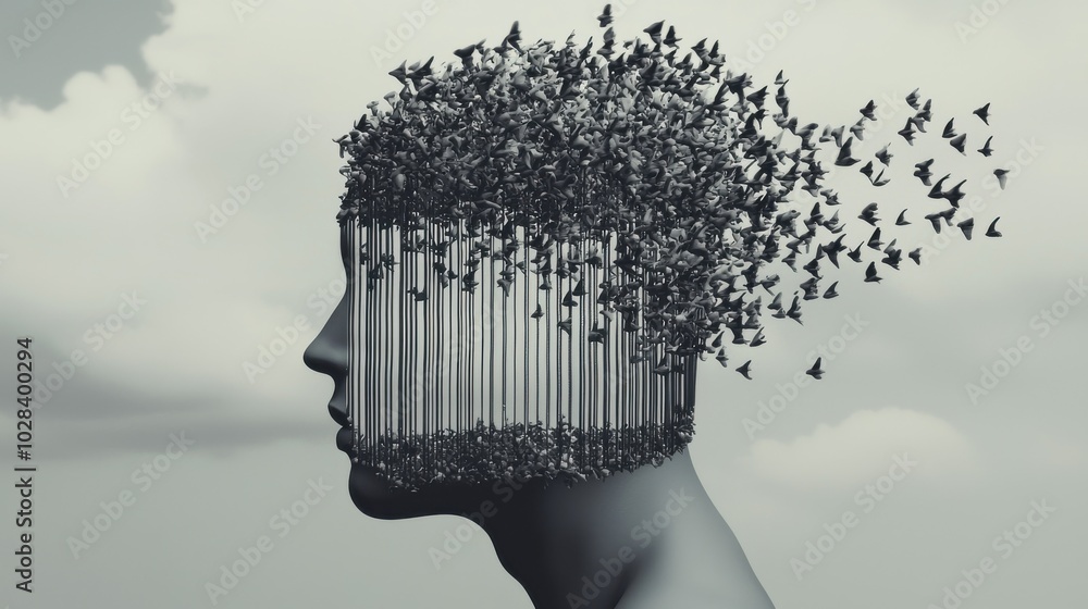 A figure trapped in a cage made of their own thoughts, showing the ...