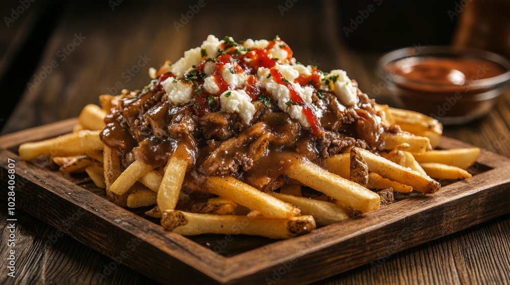 Loaded poutine fries with gravy and cheese curds, presented on a rustic ...
