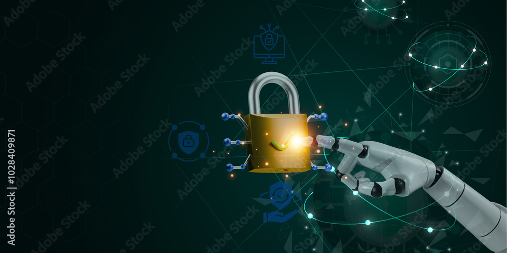 Cybersecurity background featuring a robot hand touching a security key ...