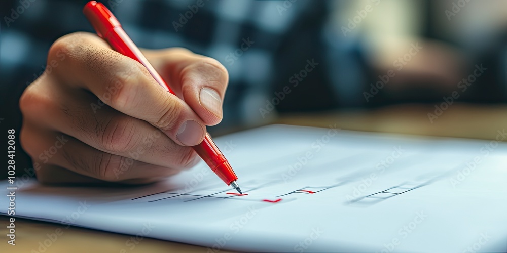 A person marking errors with a red pen on an A4 paper, highlighting ...