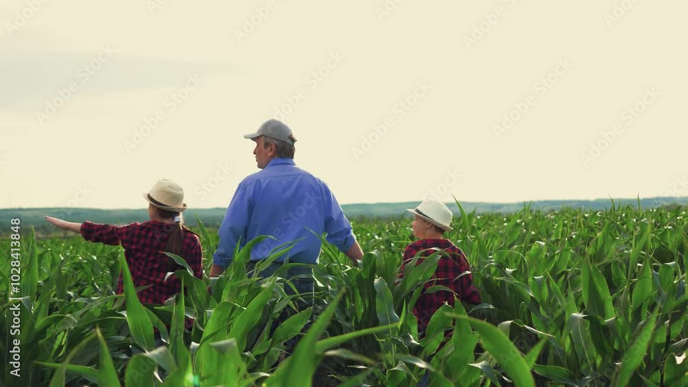 farmer field walking with children kid girl boy son daughter, father ...