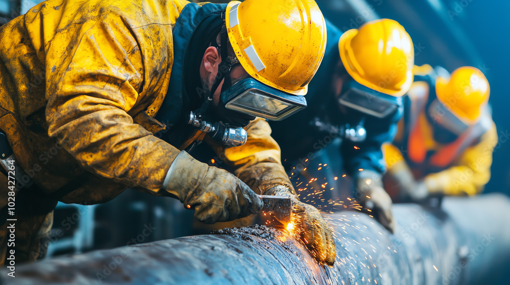 Workers in safety gear performing welding on a large pipe, sparks ...
