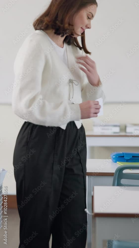 Assignment, finished and presentation with student woman in classroom ...