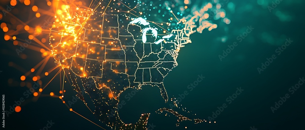 Illuminated US Map Showing West Coast Technology Hub and East Coast ...