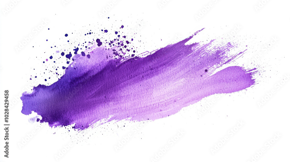 Purple watercolor brushstroke with splashes and splashes on a white ...
