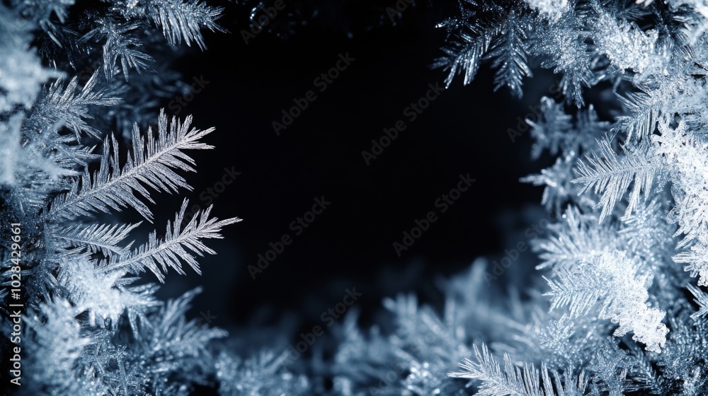 Frosty pattern frame on a black background. Winter overlay design with ...