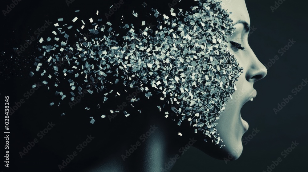 Shattered Words, Forming Action: Words float out from a person, mouth ...