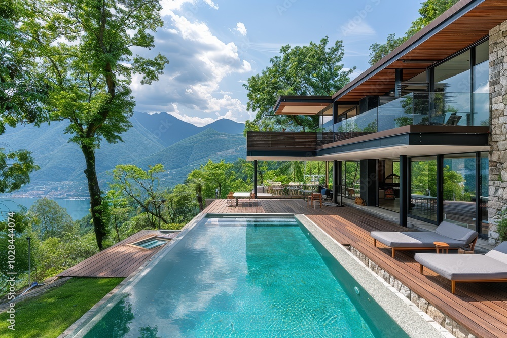 Stunning modern villa with a swimming pool and wooden terrace, nestled ...
