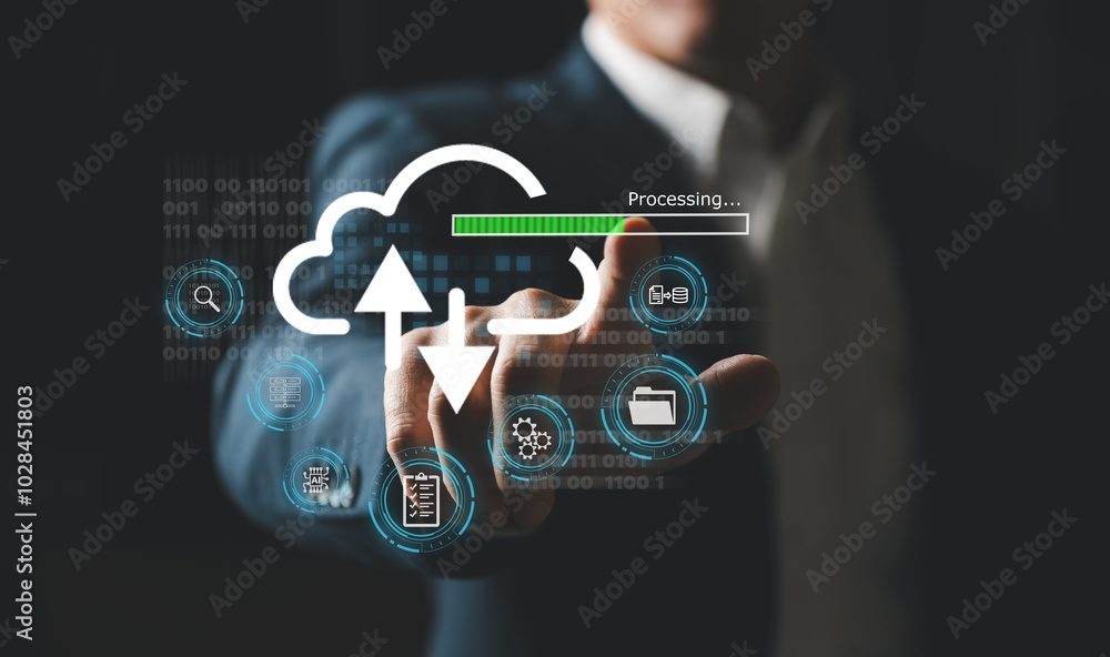 Business person migrate data and corporate information into cloud technology for data security ...