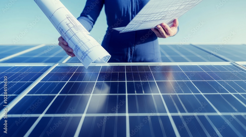A professional reviewing blueprints over solar panels, highlighting the ...