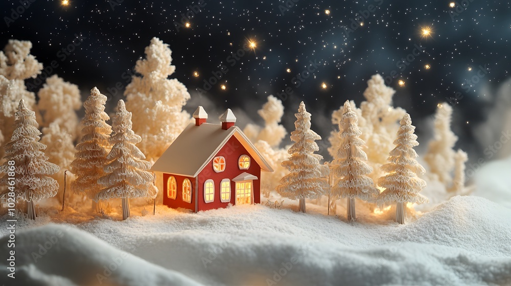 3D paper winter scene with snowcovered trees and a cozy cottage under a ...