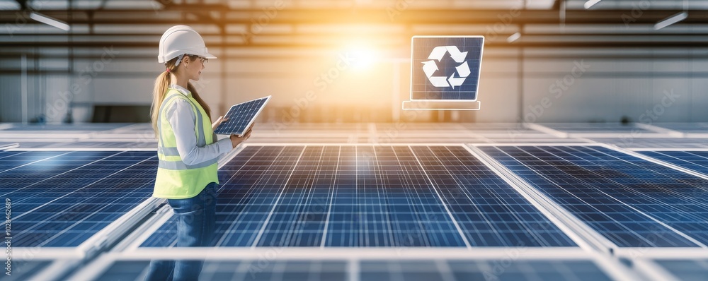 Engineer inspecting solar panels with tablet at renewable energy facility, promoting clean ...