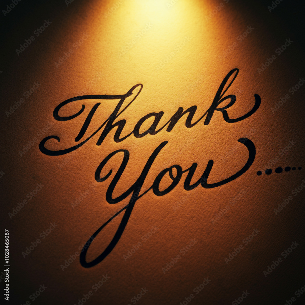 Cursive "Thank You..." written on a dark background with soft lighting ...