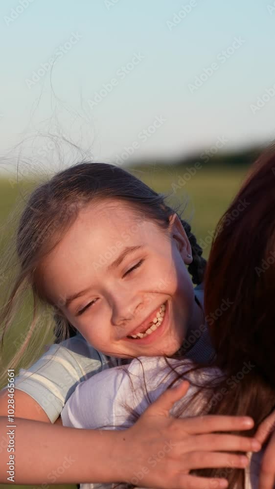 parent mother woman hugs running child kid girl daughter green grass ...