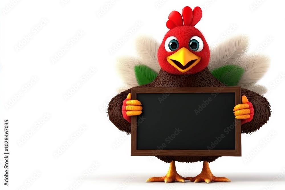 Cartoon chicken holding a black board with a white arrow pointing to ...
