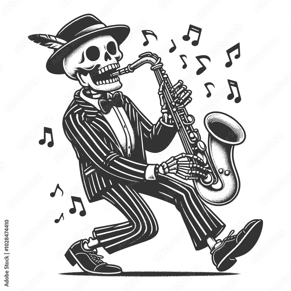 skeleton playing jazz on saxophone, musical notes floating around. Fun ...