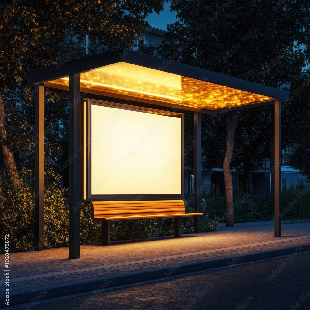 Blank bus stop advertising mockup. Night city scene background. Glowing ...