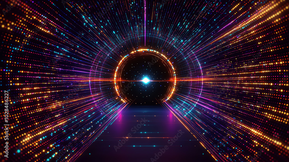 A cosmic portal made of thousands of vivid neon dots forming a ...