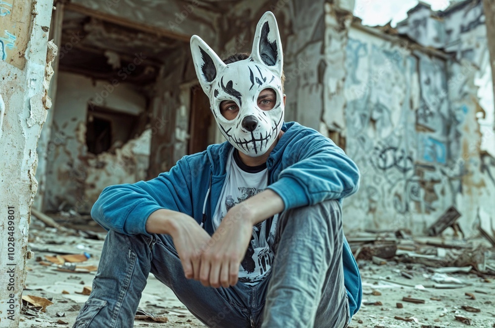 Brutal boy in a dog mask on ruined street background. Quadrobics, gangs ...