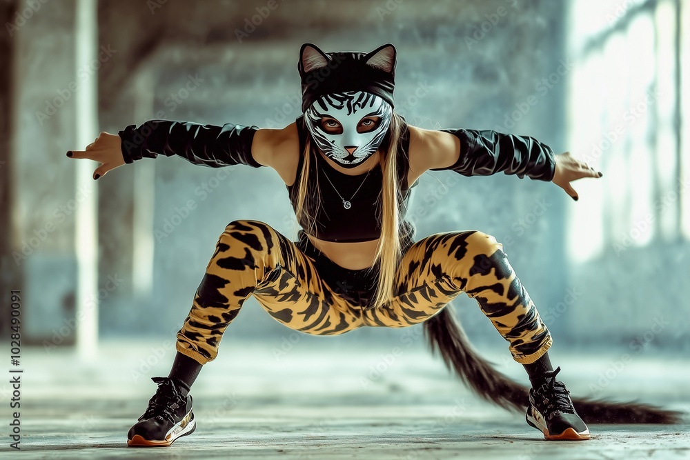 Girl in cat mask and leopard leggings in dynamic dance pose against ...