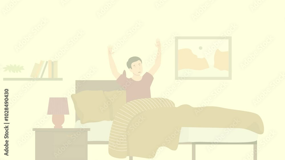man waking up after healthy sleeping 2D animation. Enough sleep 4K ...