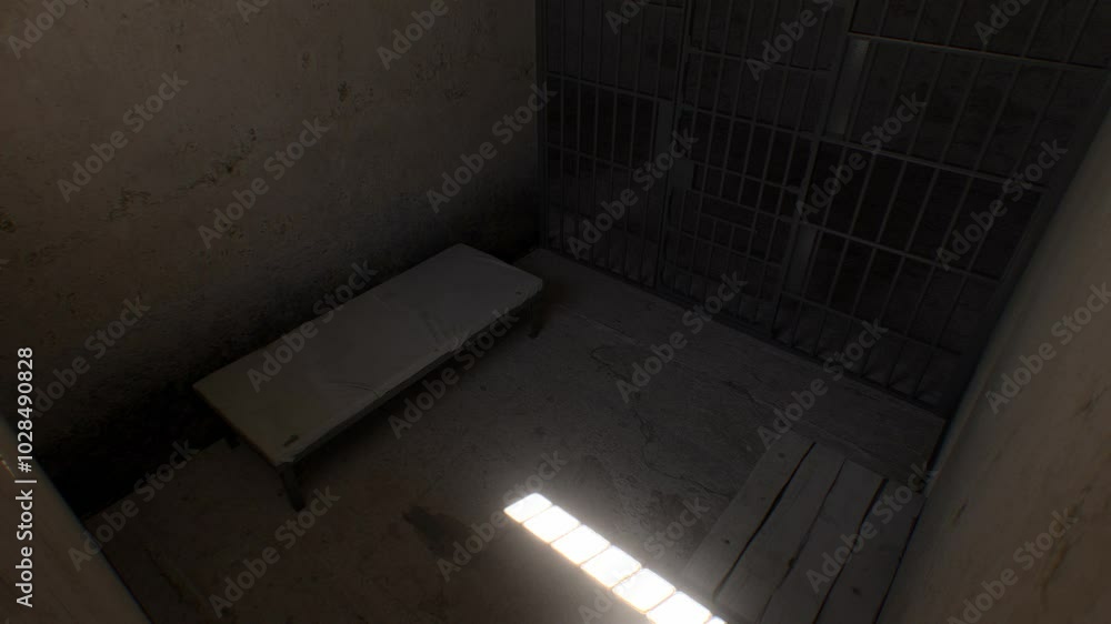 Sunlight slowly shifts across a simple prison cell with a cot, table ...