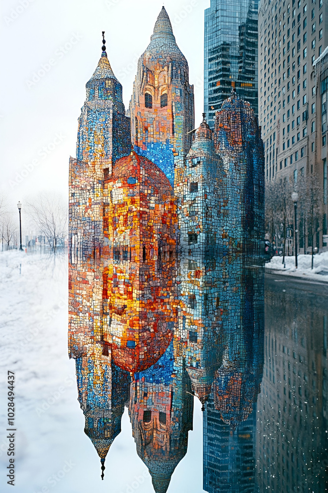 A building with a blue roof and red windows is reflected in the water ...