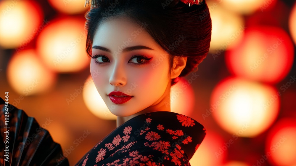 Geisha in a striking black and red kimono, performing a fan dance under ...