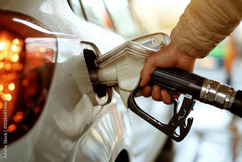 Man is filling up his car with gas. Concept of routine and ...