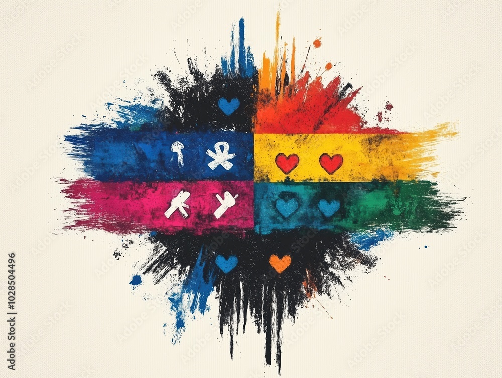 This artwork displays a lively arrangement of LGBTQ pride symbols ...
