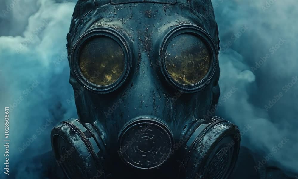 A figure in a gas mask surrounded by smoke, evoking a dystopian ...
