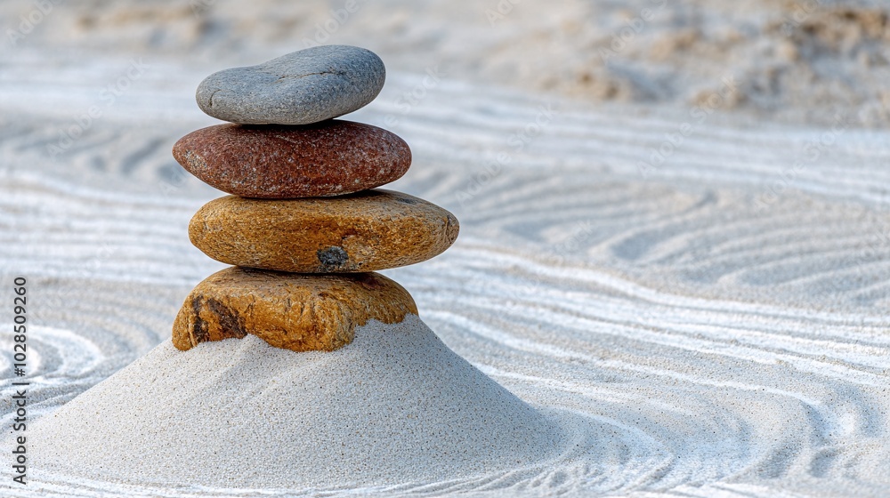 2410_105.close-up view of a rock stack in a zen sand garden, with ...