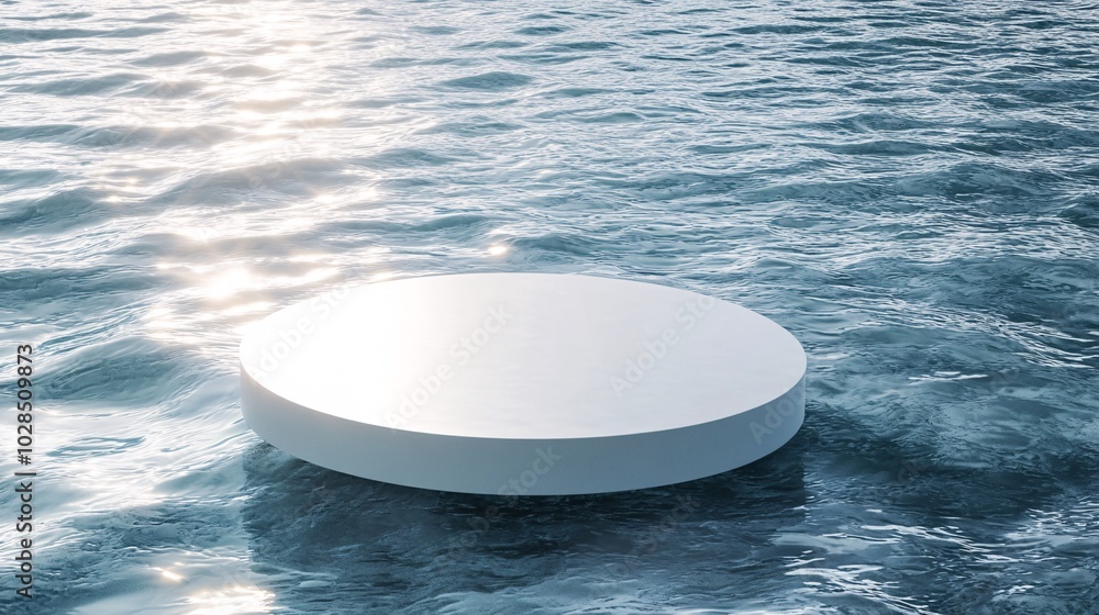 2410_002.round white platform placed on transparent water with soft waves and shimmering ...