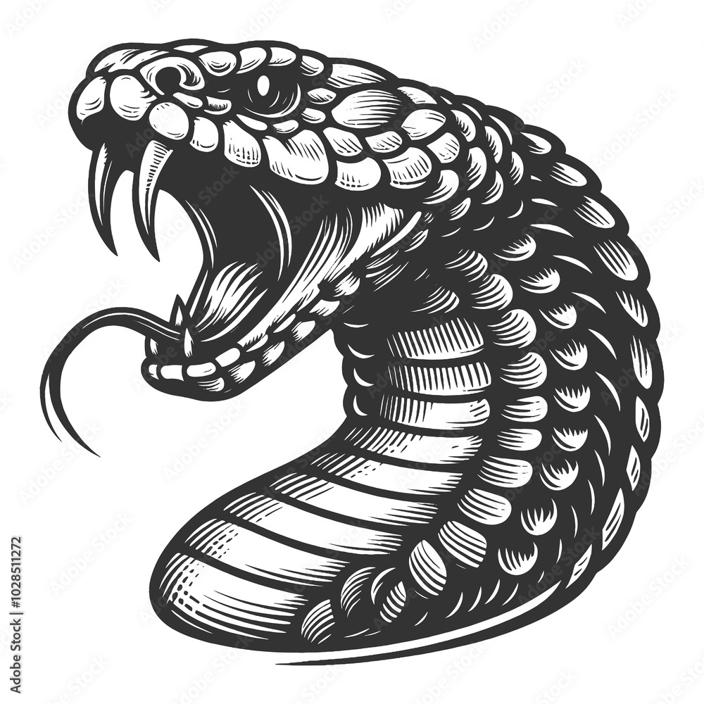 snake with an open mouth and exposed fangs, tattoo design sketch ...