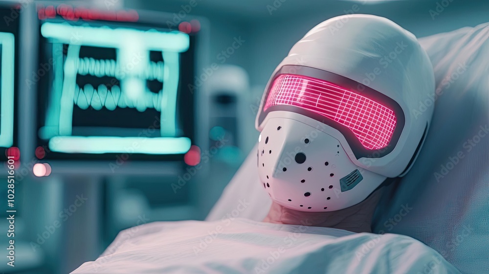 Futuristic patient in a hospital with a high-tech mask and monitoring ...