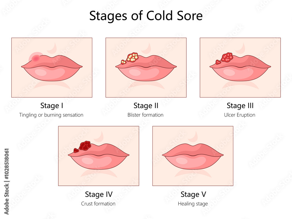 ภาพประกอบสต็อก cold sore, from the initial tingling sensation to ...