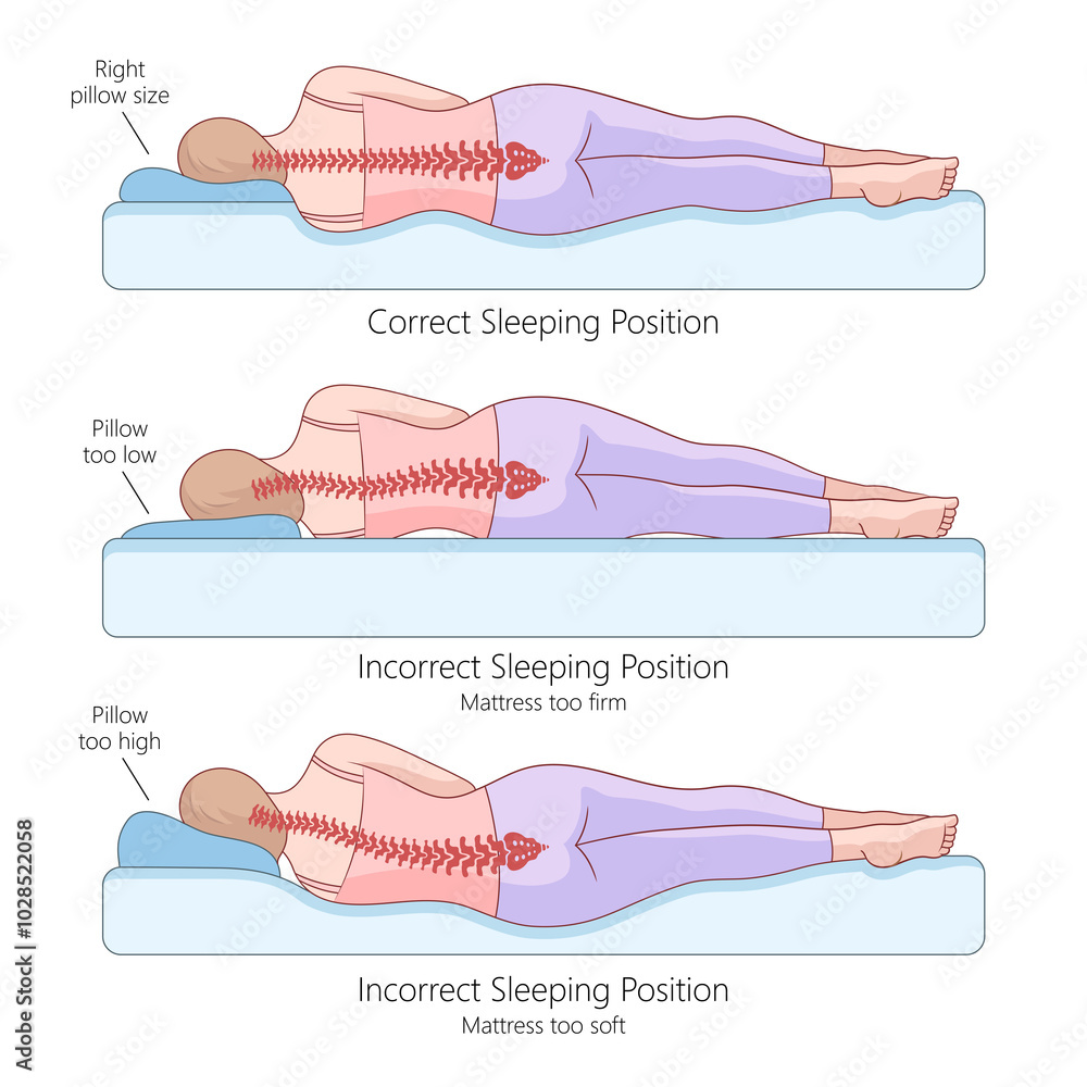 Poster proper and improper side sleeping positions with spine alignment, the effects of pillow ...
